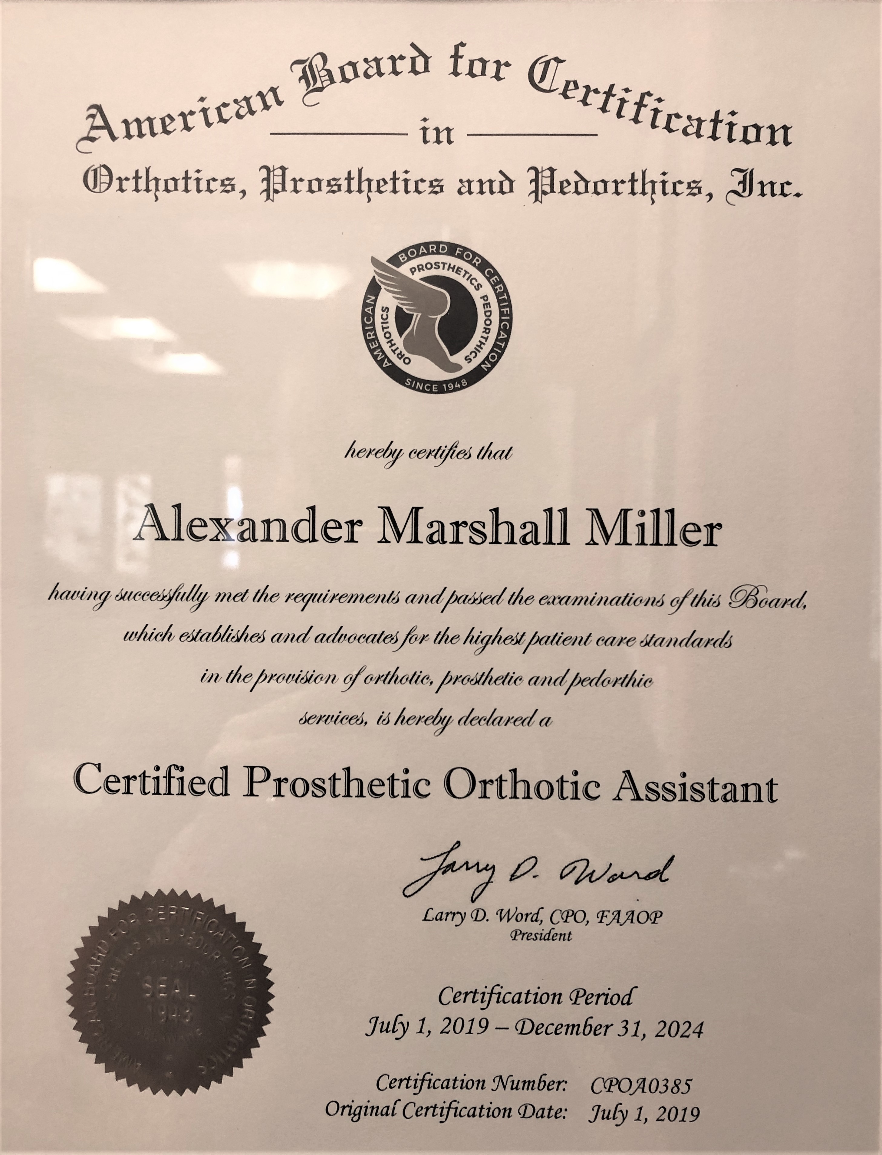 Certifications – Alex Miller O&P Portfolio